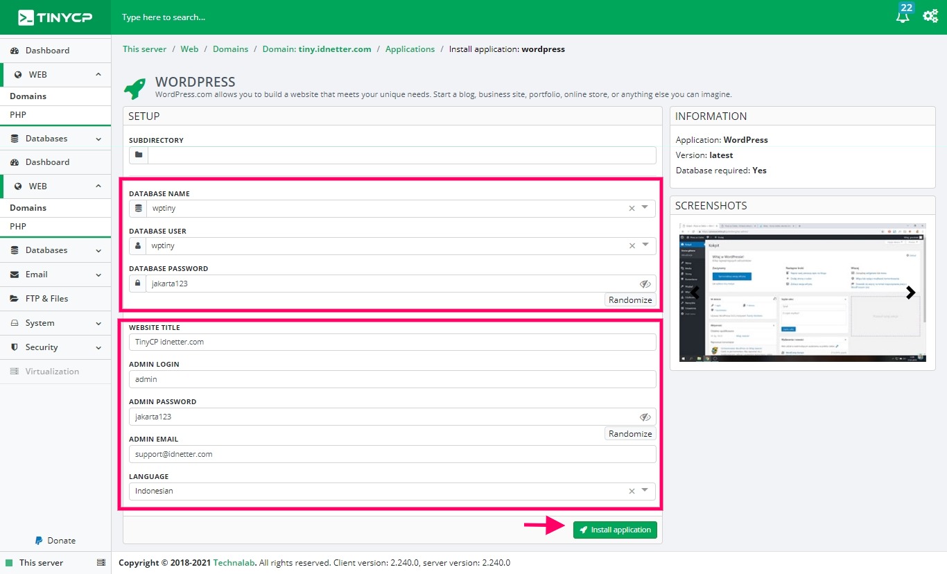 Cara install WordPress di TinyCP - idnetter.com